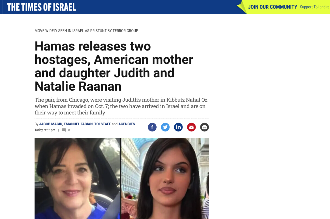 Hamas Releases Two Hostages, American Mother And Daughter Judith And ...